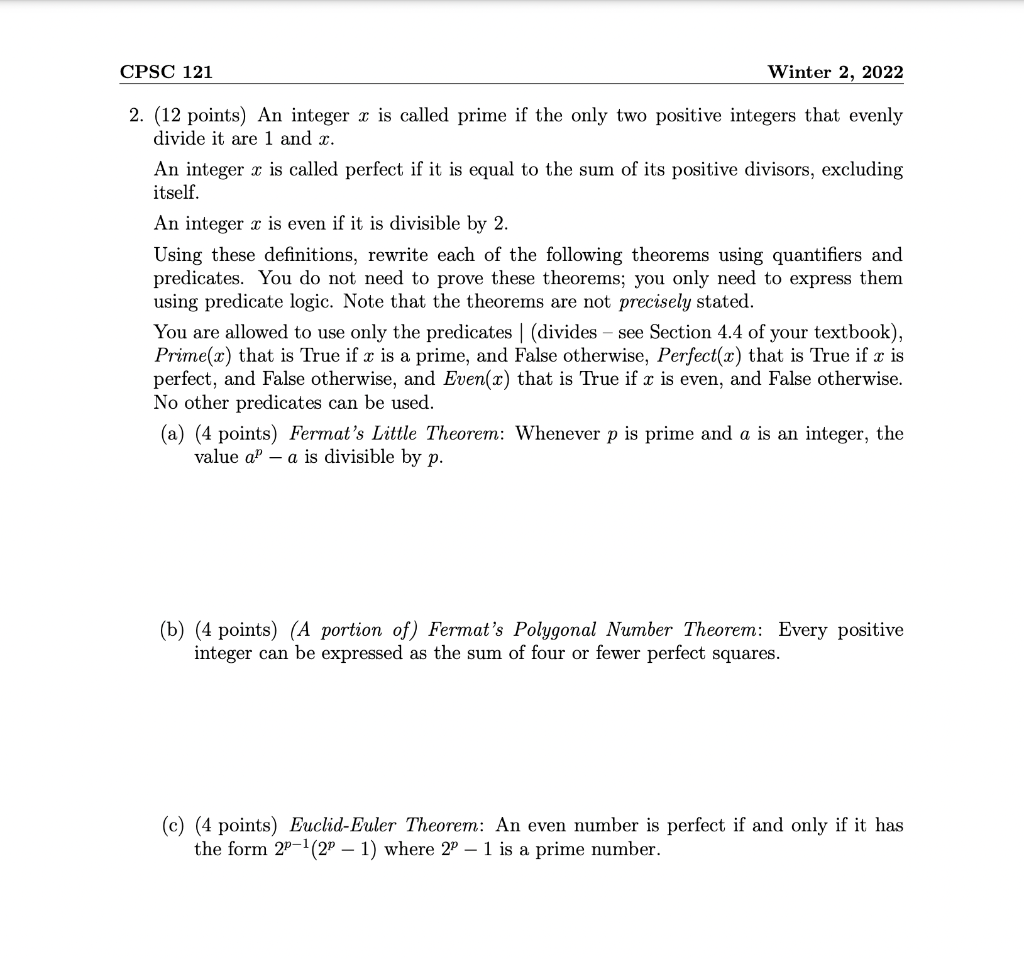 Solved 2. (12 points) An integer x is called prime if the | Chegg.com