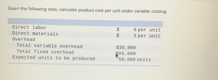 Solved Given the following data, calculate product cost per | Chegg.com