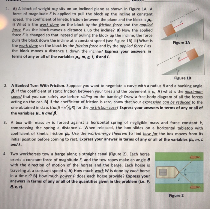 Solved 1. A) A block of weight mg sits on an inclined plane | Chegg.com