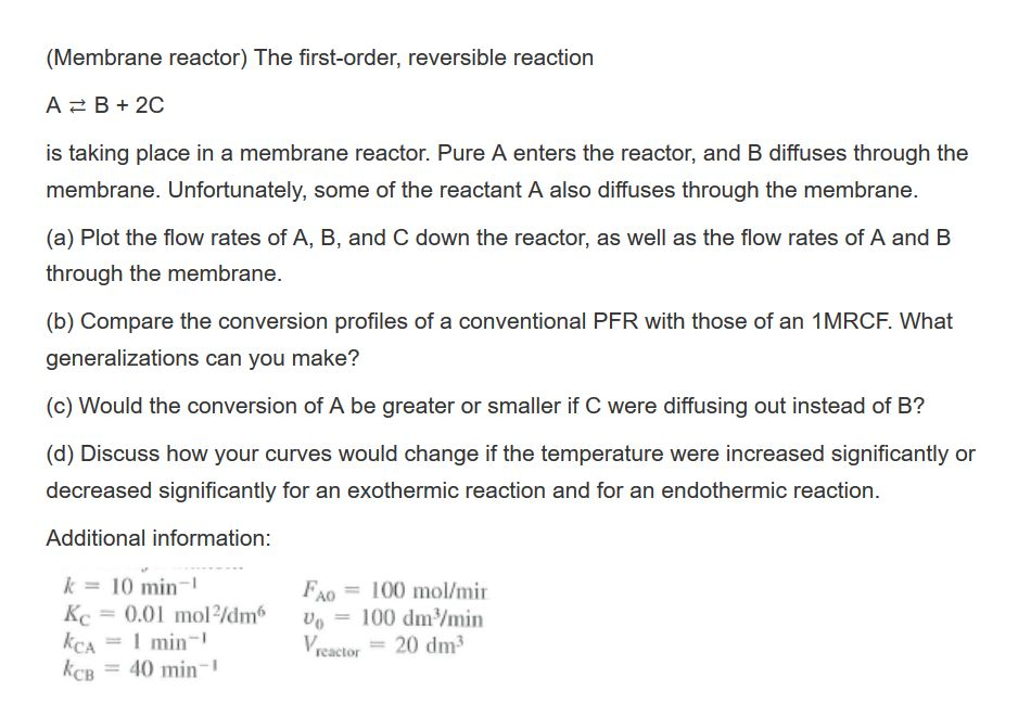 Solved (Membrane reactor) The first-order, reversible | Chegg.com