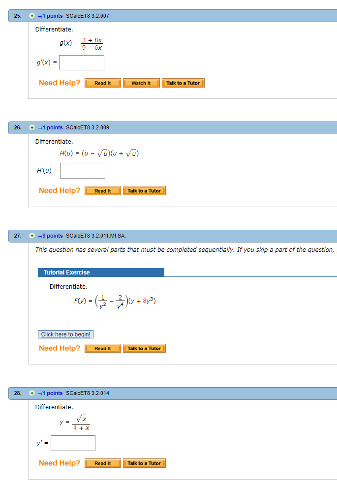 Solved 25. + -11 points SCalcET8 3.2.007 Differentiate g(x) | Chegg.com