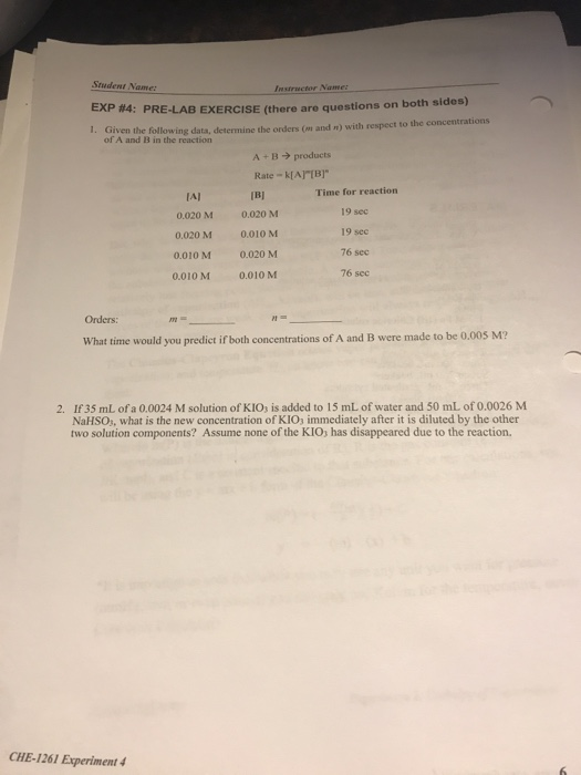 Solved Student Name Instructor Name: EXP #4: PRE-LAB | Chegg.com
