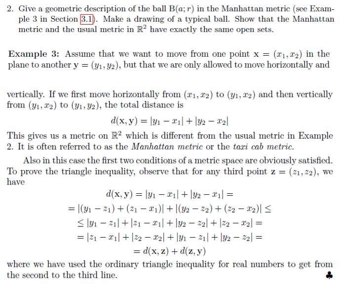 Solved 2. Give a geometric description of the ball Ba;r) in | Chegg.com