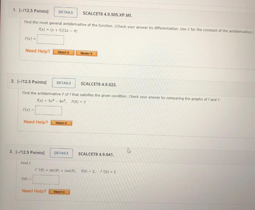 Solved 1. [-/12.5 Points] DETAILS SCALCET8 4.9.505.XP.MI. | Chegg.com