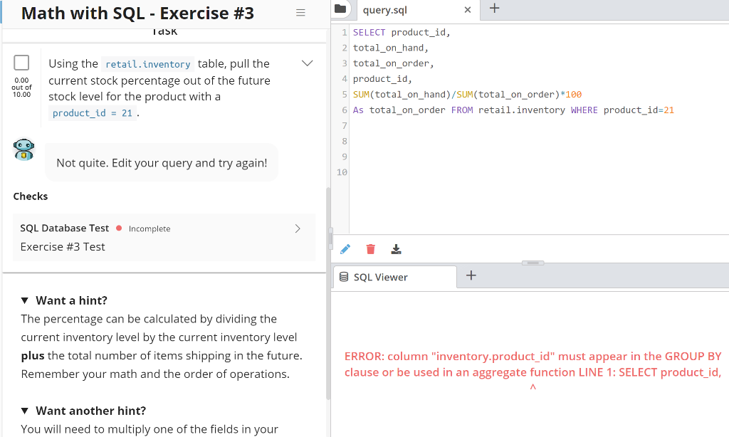 Solved х Query Sql Math With Sql Exercise 3 Isk 0 00