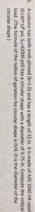 Solved A column has both ends pinned (k=1.0) and has a | Chegg.com