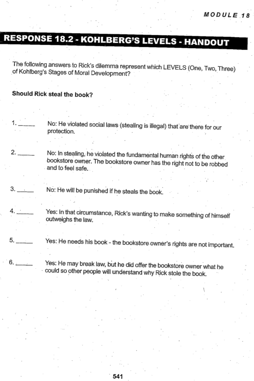 Solved MODULE 18 RESPONSE 18.2 - KOHLBERG'S LEVELS - HANDOUT | Chegg.com