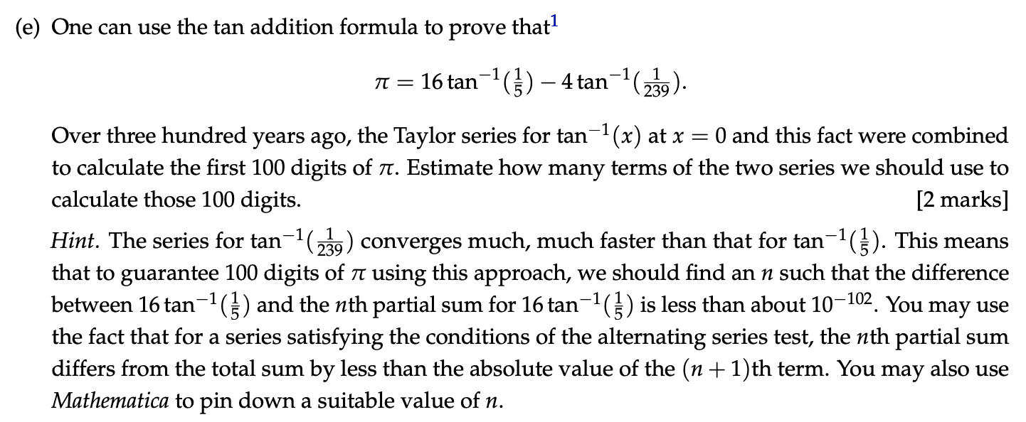 Solved (e) One can use the tan addition formula to prove | Chegg.com