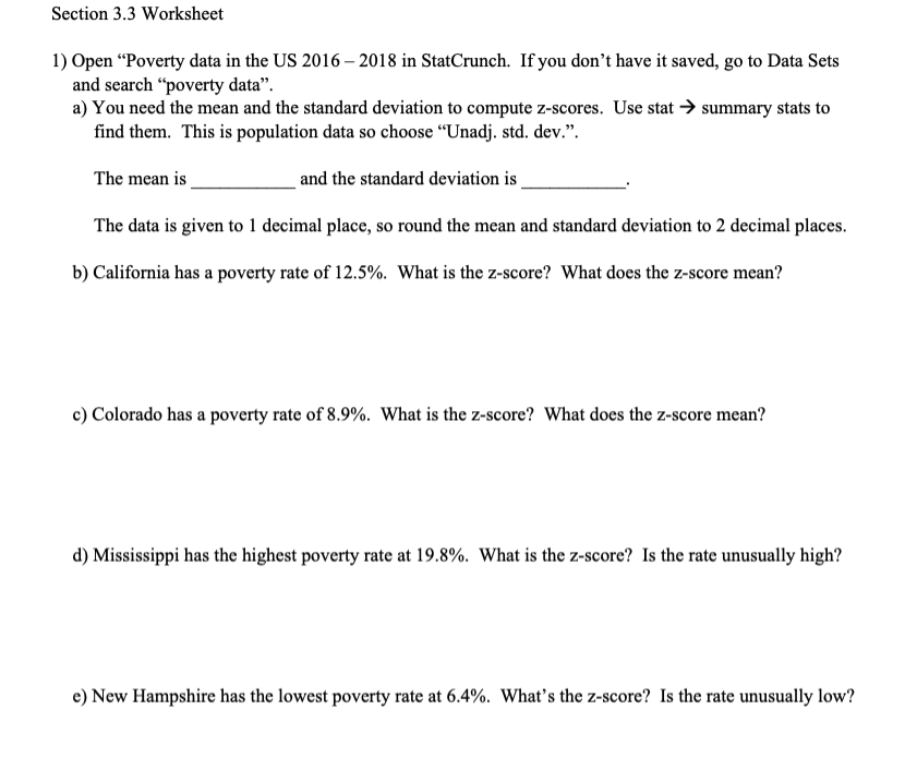 Section 3.3 Worksheet 1) Open "Poverty data in the US | Chegg.com