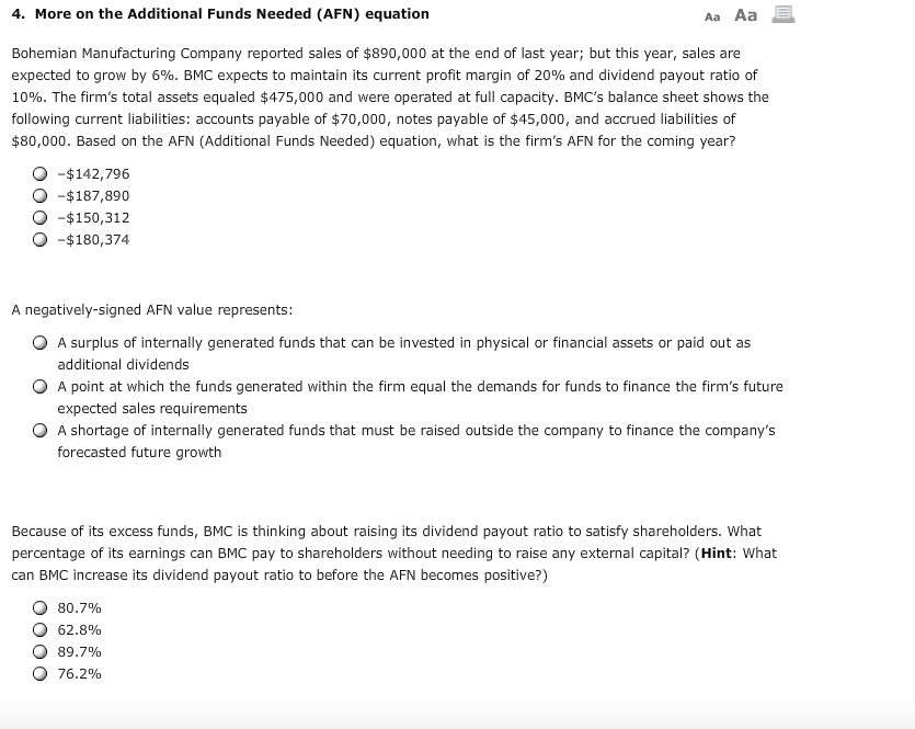 Solved 4. More on the Additional Funds Needed (AFN) equation | Chegg.com