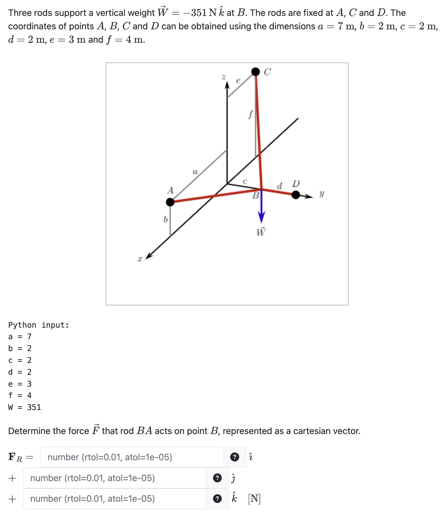 Solved Three rods support a vertical weight W=−351 Nk^ at B. | Chegg.com