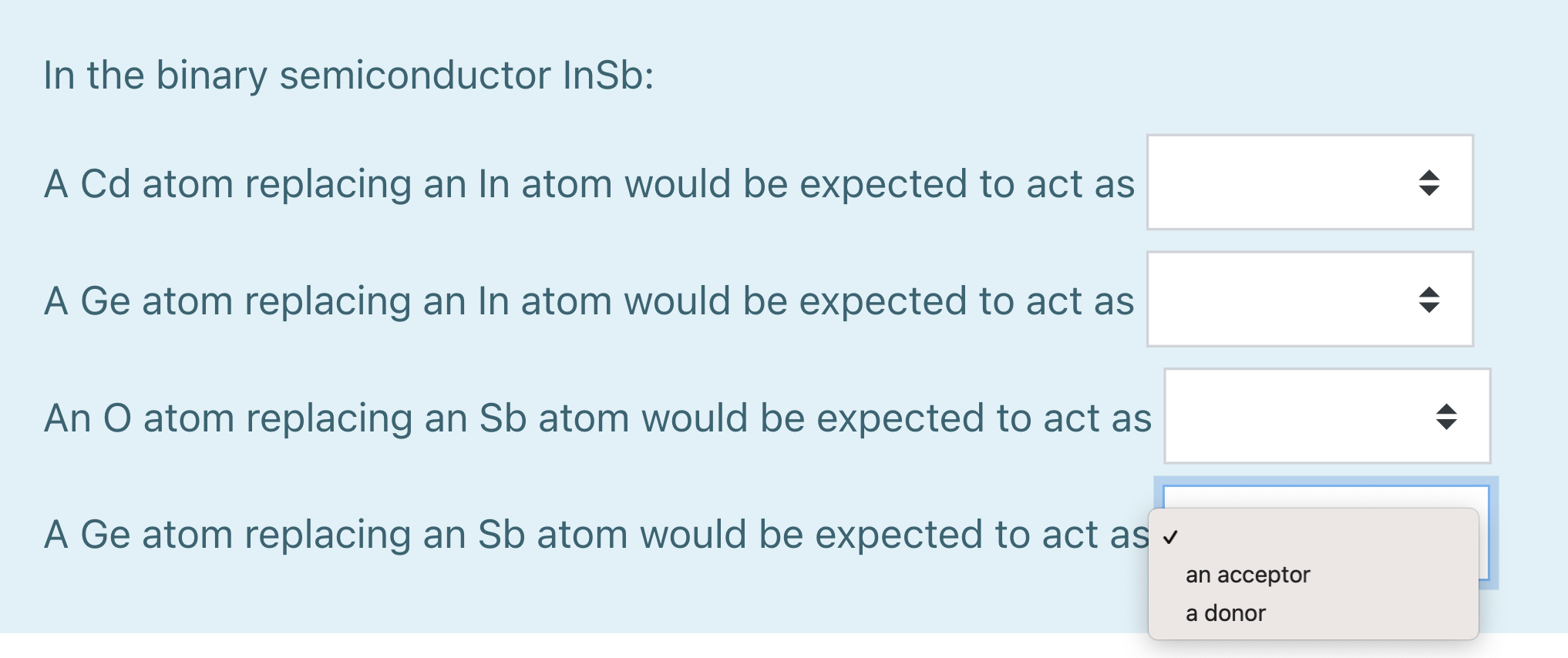 Solved In the binary semiconductor InSb: A Cd atom replacing | Chegg.com