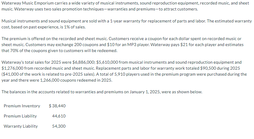 Solved Waterway Music Emporium carries a wide variety of | Chegg.com