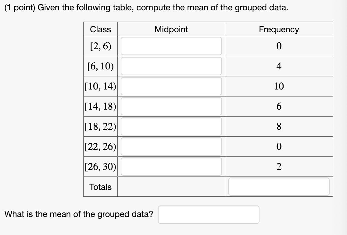 Solved (1 point) Given the following table, compute the mean | Chegg.com
