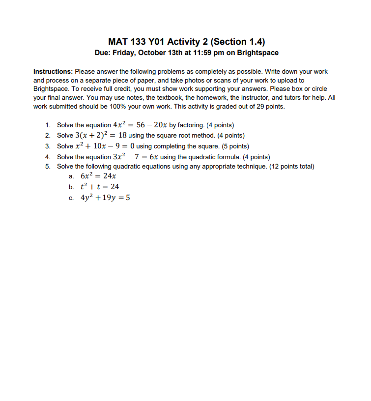 Solved MAT 133 Y01 Activity 2 (Section 1.4) Due: Friday, | Chegg.com
