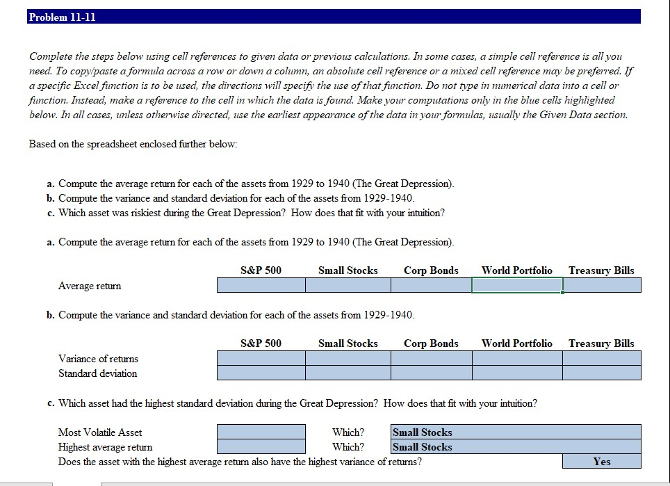 Solved Problem 11-11 Complete the steps below using cell | Chegg.com
