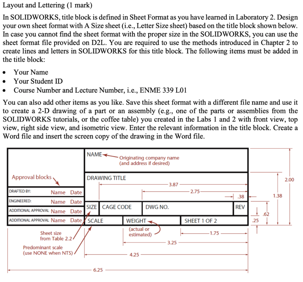 Solved Layout and Lettering (1 mark) In SOLIDWORKS, title | Chegg.com