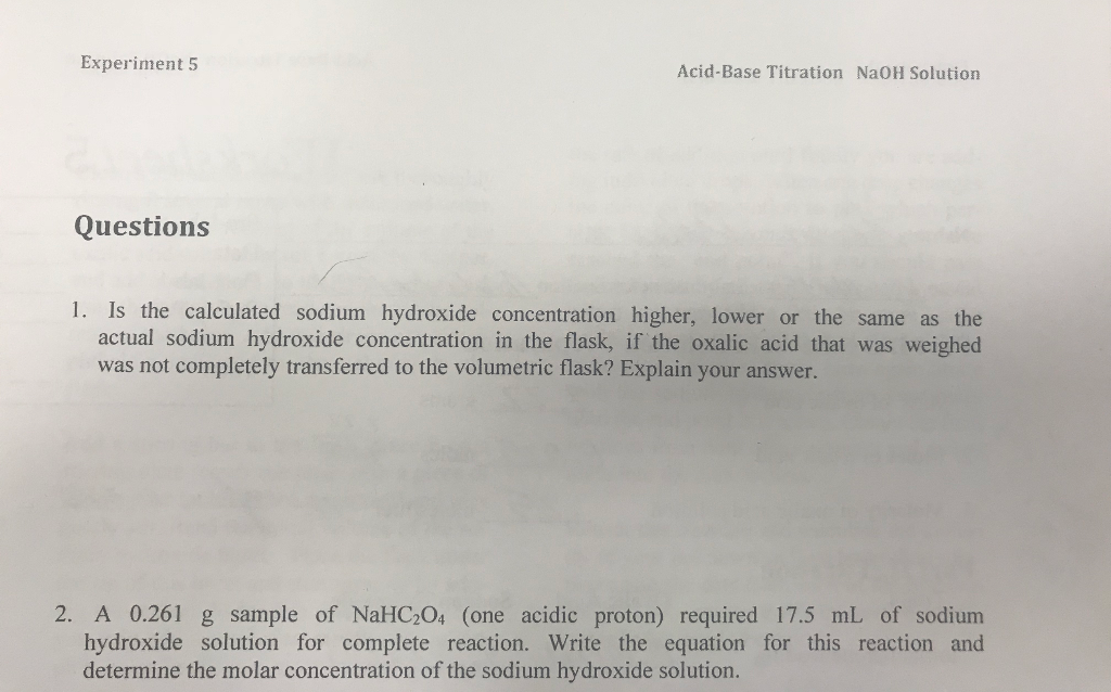 Experiment 5 Acid-Base Titration NaOH Solution | Chegg.com