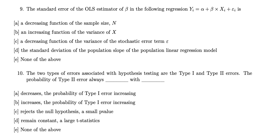Solved 9. The standard error of the OLS estimator of β in | Chegg.com