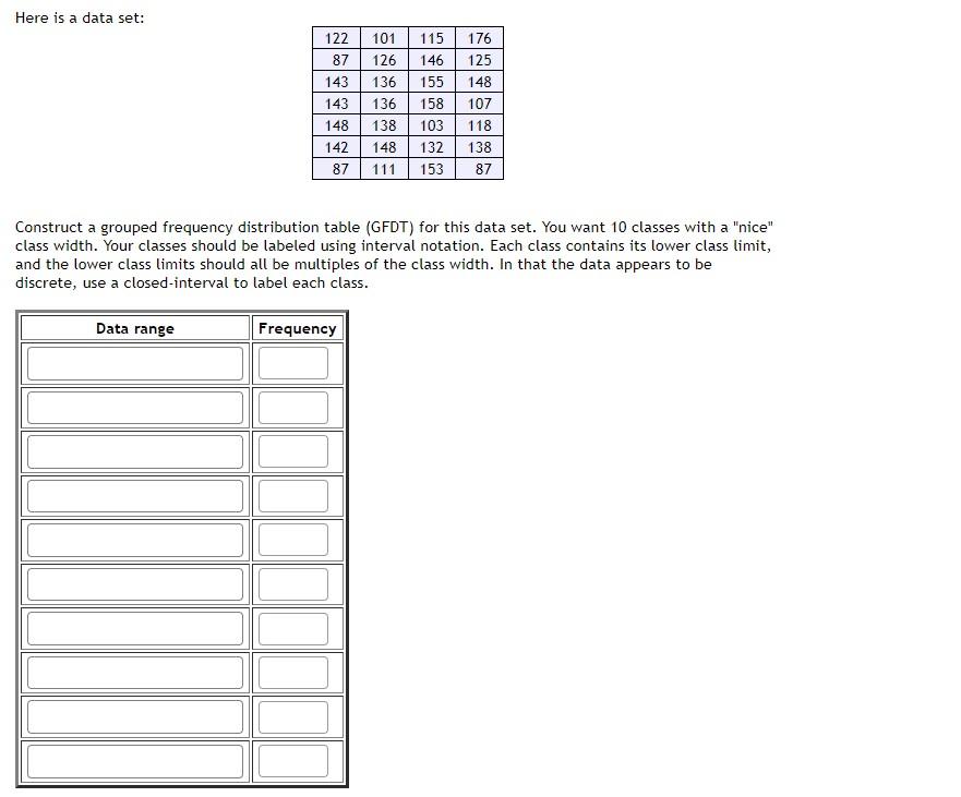 Solved Here is a data set: Construct a grouped frequency | Chegg.com