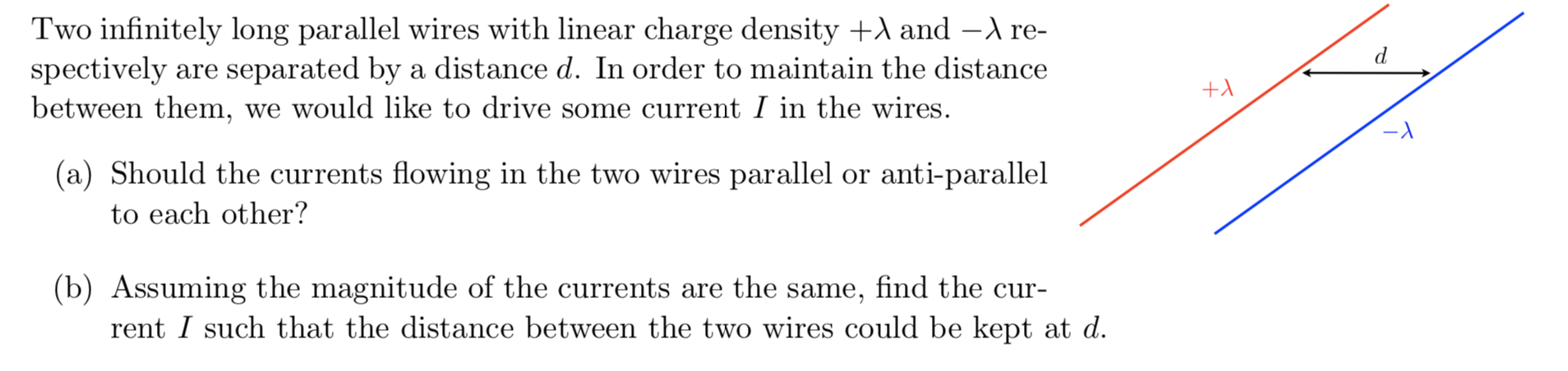Solved Two infinitely long parallel wires with linear charge | Chegg.com