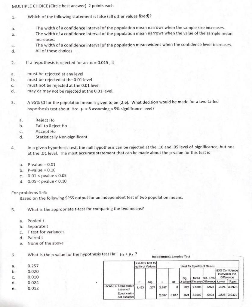 Solved MULTIPLE CHOICE (Circle best answer) 2 points each - | Chegg.com