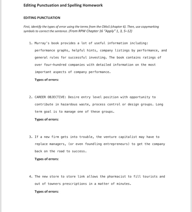 Editing Punctuation and Spelling Homework EDITING | Chegg.com