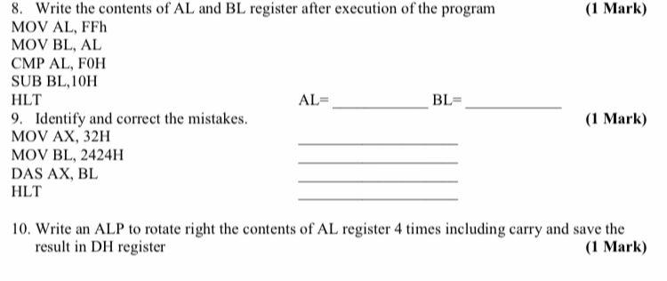 Solved (1 Mark) 8. Write the contents of AL and BL register | Chegg.com
