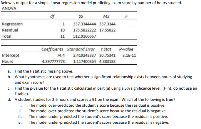 Solved Below is output for a simple linear regression model | Chegg.com
