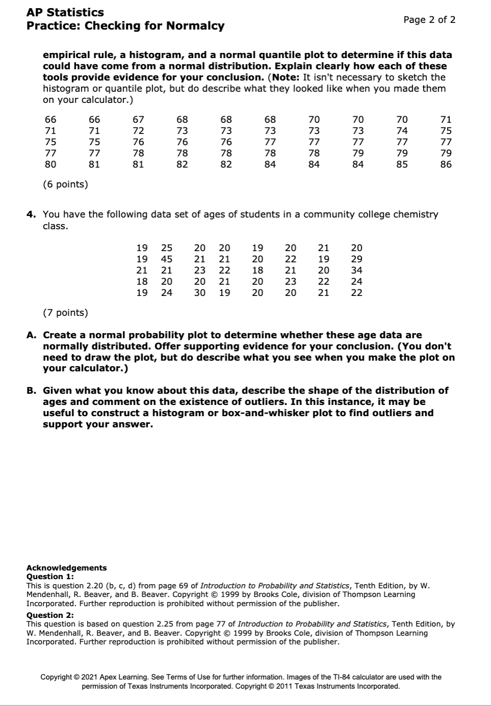 AP Statistics Practice: Checking for Normalcy Page 2 | Chegg.com