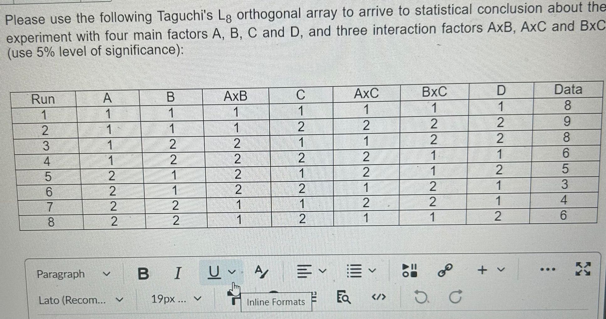 Solved Please use the following Taguchi's \\( | Chegg.com