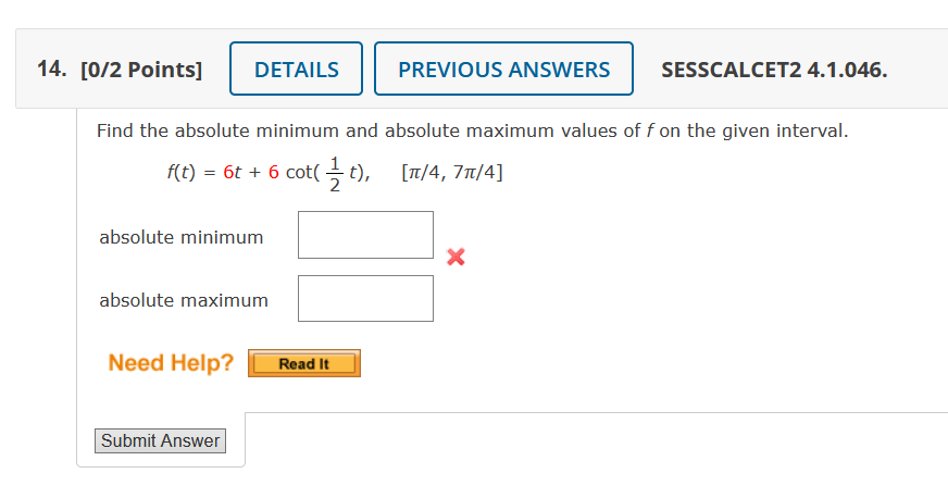 Solved Find the absolute minimum and absolute maximum values | Chegg.com
