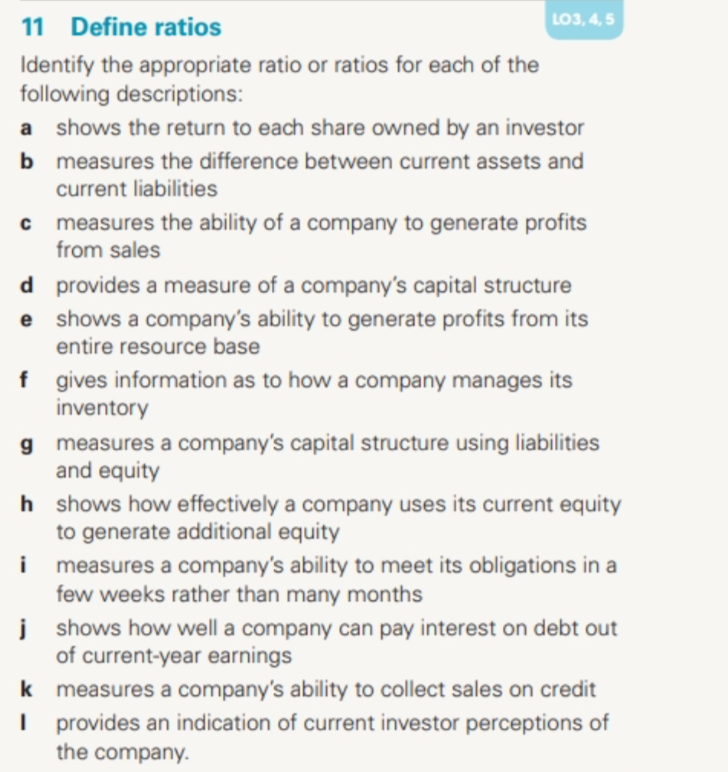 Solved 11 Define ratios LO3, 4, 5 Identify the appropriate | Chegg.com