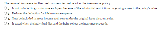 Solved The annual increase in the cash surrender value of a | Chegg.com