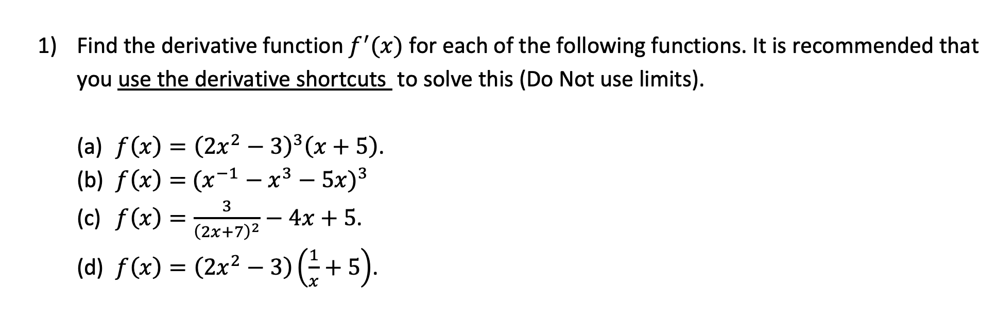 Solved 1) Find the derivative function f'(x) for each of the | Chegg.com