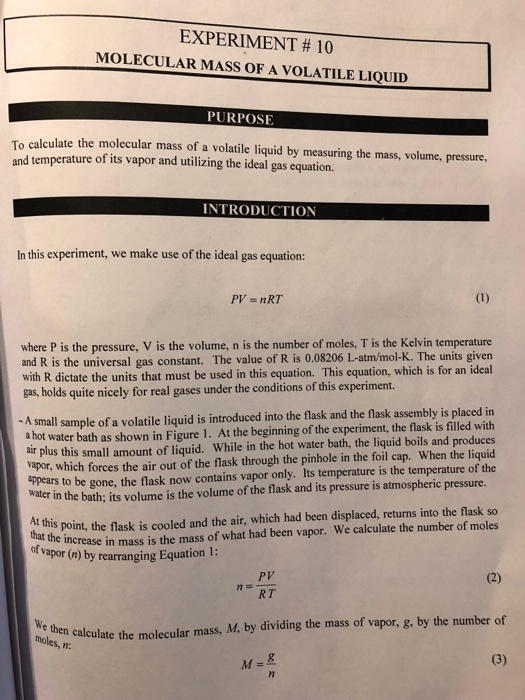 Solved EXPERIMENT # 10 MOLECULAR MASS OF A VOLATILE LIQUID | Chegg.com