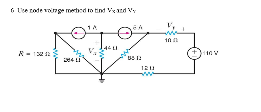 Solved 6 -Use node voltage method to find Vx and Vy 1A 5A Vy | Chegg.com