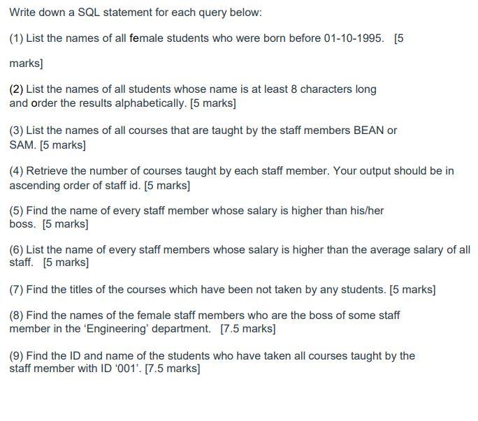 Solved Question A. (50 marks) A database schema consisting | Chegg.com