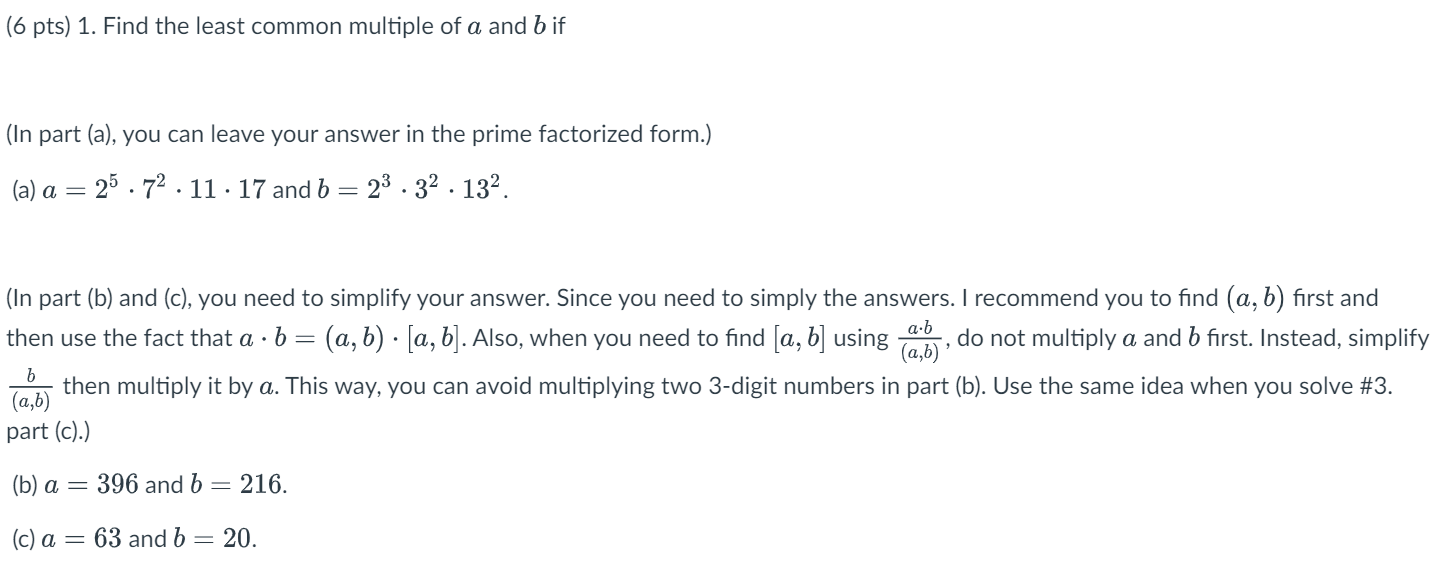 Solved (6 pts) 1 . Find the least common multiple of a and b | Chegg.com