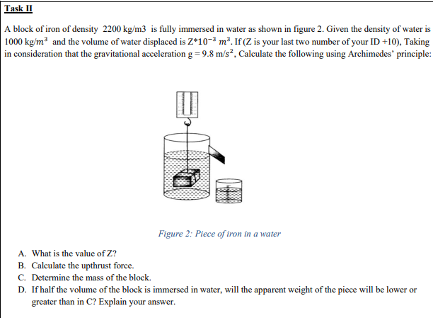 Solved Task II A block of iron of density 2200 kg/m3 is | Chegg.com