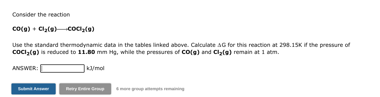 Solved Consider the reaction CO(g)+Cl2( g) COCl2( g) Using | Chegg.com