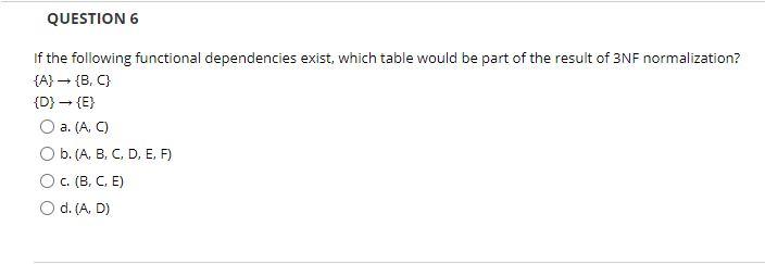 Solved QUESTION 6 If the following functional dependencies | Chegg.com