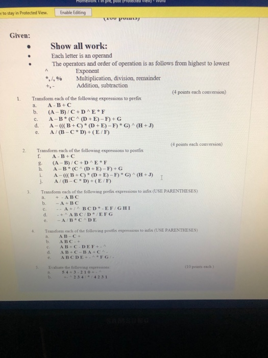 Solved r to stay in Protected View.Enable Editing PUnLSy | Chegg.com