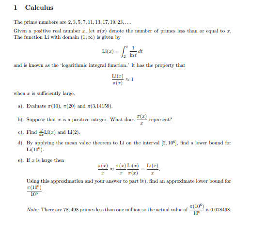 Solved 1 Calculus The prime numbers are 2,3,5,7,11, 13, 17, | Chegg.com