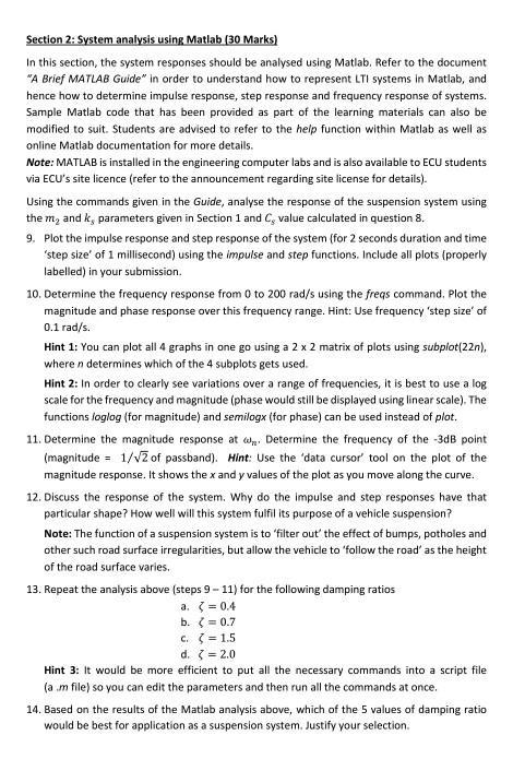 Section 2: System analysis using Matlab & Section | Chegg.com