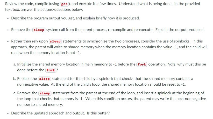 Review the code, compile (using gcc), and execute it | Chegg.com