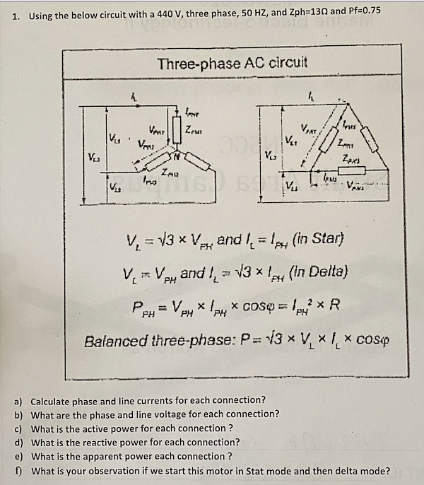 Solved 1. Using the below circuit with a 440 V, three phase, | Chegg.com