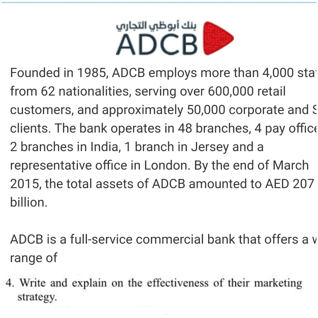Solved بنك أبوظبي التجاري ADCB Founded in 1985, ADCB employs | Chegg.com