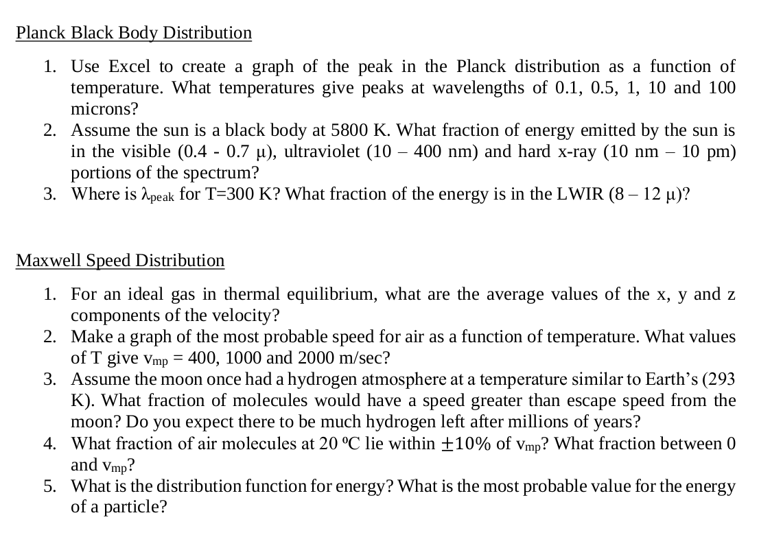 Solved Planck Black Body Distribution 1. Use Excel to create | Chegg.com