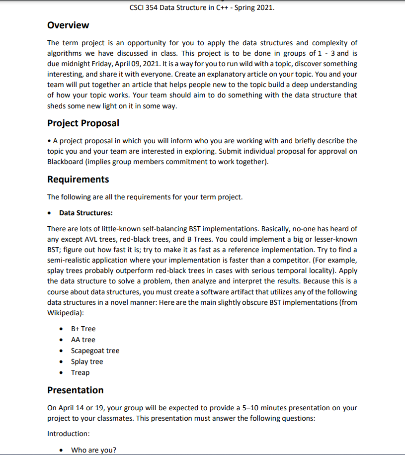 CSCI 354 Data Structure in C++ - Spring 2021. | Chegg.com